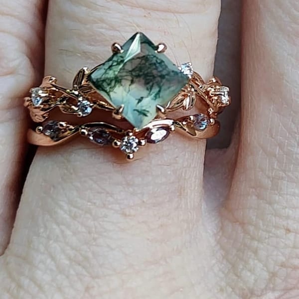 Princess Cut Green Moss Agate Engagement Ring 14k White Gold Five Stone ...