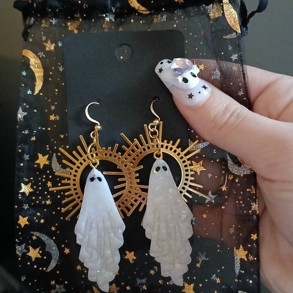 THE ORIGINAL Gold and Opalescent Ghost Earrings Halloween Polymer Clay ...