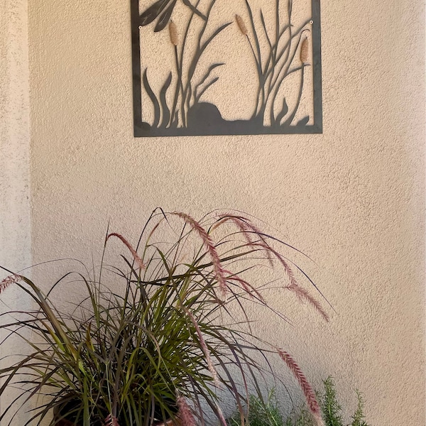 Square Dragonfly and Cattails Rustic Wall Decor Custom Garden Theme Art ...