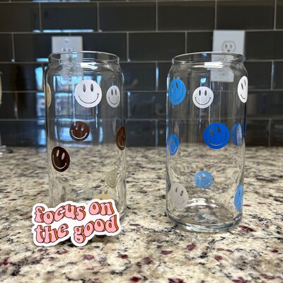 Smiley Face Glass Cup Iced Coffee Glass Cup Trendy Glass - Etsy