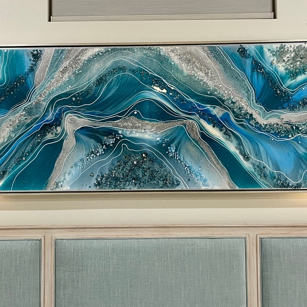 Crystal Quartz 24K Gold Resin Painting Framed Glass Abstract Champagne ...