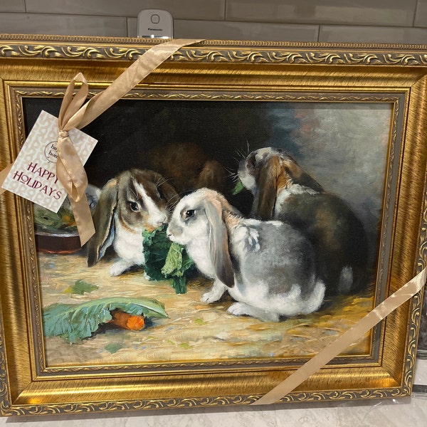 Framed Rabbits Oil Painting Print on Canvas, Framed Bunny Canvas Art ...