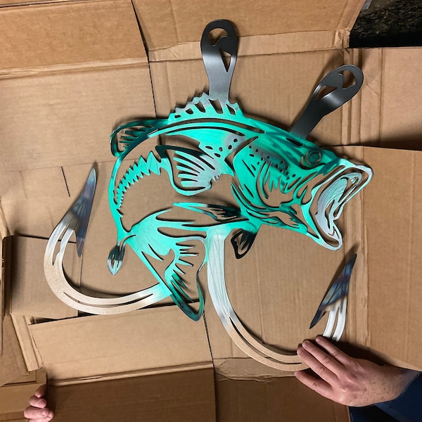 Metal Bass Fish With Hooks Plasma Cut Sign Art Fishing Art Gone Fishing ...