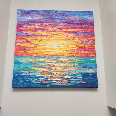 Sunset Art Print of Impressionist Ocean Painting, Colorful Seascape ...