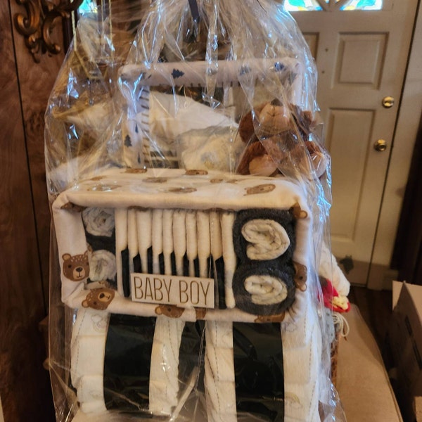 Pink Safari Diaper Jeep Cake, Elephant Diaper Cake, Girl Baby Shower ...