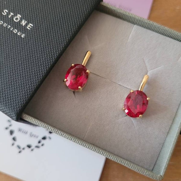 Red Ruby Earrings, Created Ruby Earrings, Red Oval Earrings, Gold Ruby ...