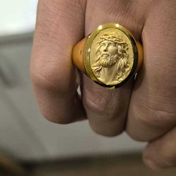 Crown of Thorns Jesus Christ Ring in 14k Gold, Jesus Head Mens Signet ...