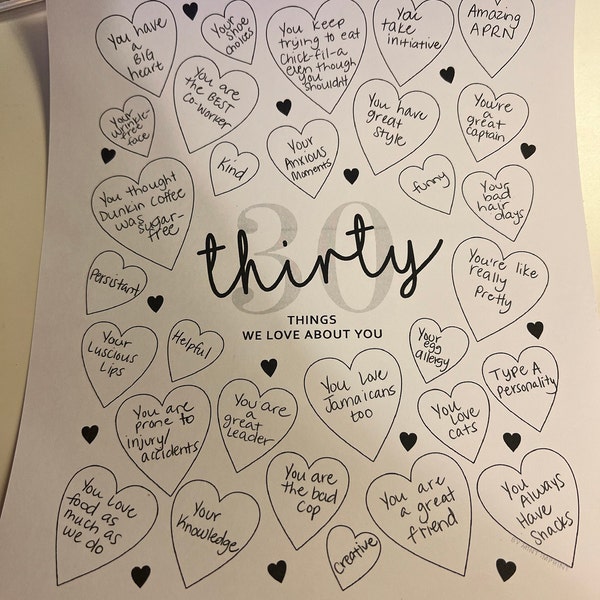 Thirty Things We Love About You Printable Sign in Board 30th Birthday ...