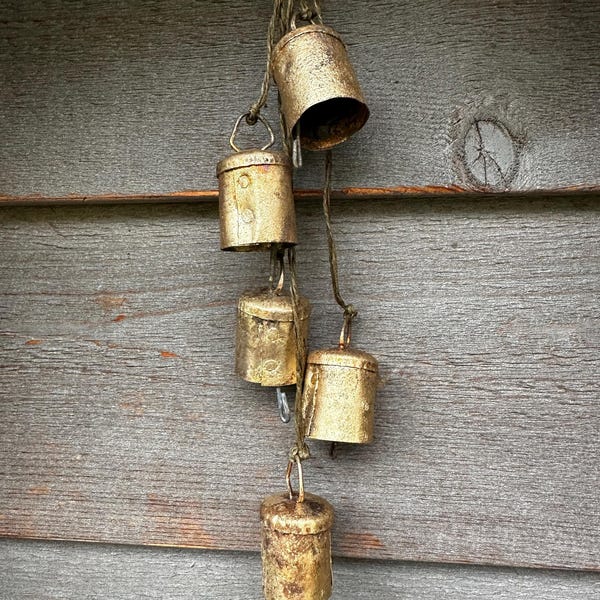 Bells on String With BLUE Ceramic Beads, Rustic Windchime, Vintage Cow ...