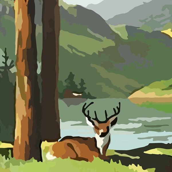 DOWNLOAD! Paint by Numbers of a Forest Near Mountains With a Resting ...
