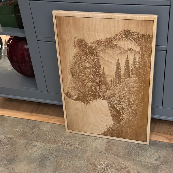 Bear Silhouette With Mountains and Forest Laser Engraving Wall Art. - Etsy