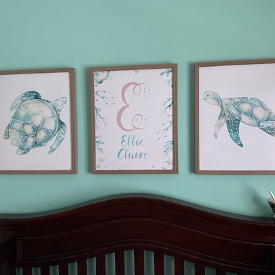 Sea Turtle Nursery Prints, Personalized Nursery Wall Art, Set of 3 ...