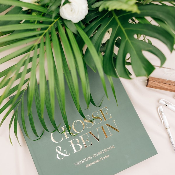 Green Wedding Guest Book, Real Foil Hardcover, Modern Typography ...