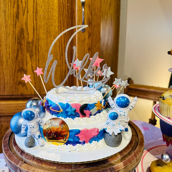 Moon Cake Topper With Name - Perfect for A Moon Birthday Theme, Space ...