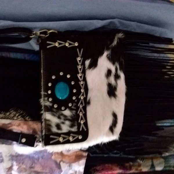 Cowhide Crossbody Purse Western Bag With Fringes Turquoise Handbag ...