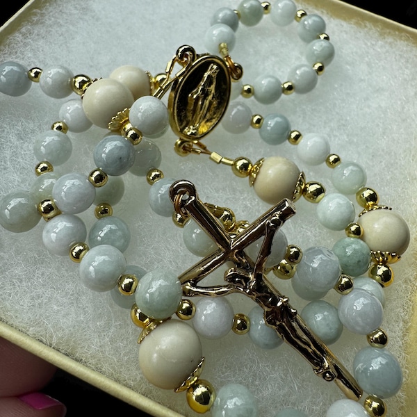 Modern White Catholic Rosary - Gold - Catholic Rosary - Gemstone Rosary ...