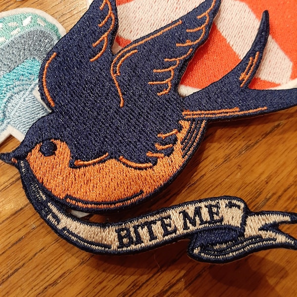 Bite Me Bird Iron on Patch // Round Patch // Swallow Patches// Iron on ...
