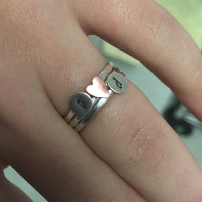 Custom Initial Sweetheart Rings, Stack Rings, Silver Rings, Initial Rings, Copper Heart Rings ...