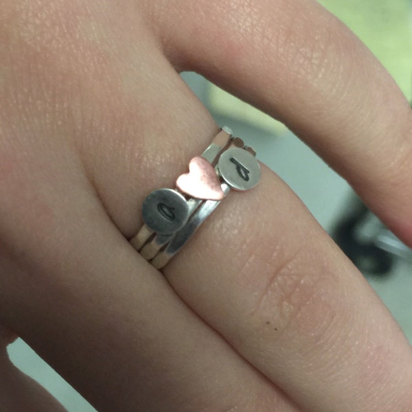 Custom Initial Sweetheart Rings, Stack Rings, Silver Rings, Initial Rings, Copper Heart Rings ...