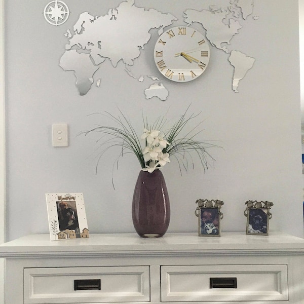 Large Wall Clock World Map Mirror With Gold Numbers and Clock Hands ...