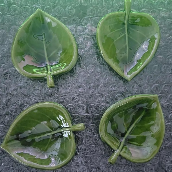 Set of Four Small Ceramic Leaf Dish, Bathroom Decor, Green Dish,ring ...