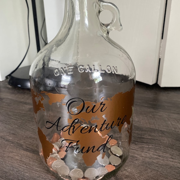 Our Adventure Fund ~ World Map Money Jar Travel Fund - 1 Gallon Glass ...