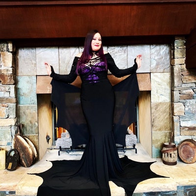 Black Navy Blue Pentagram Satanic Gothic Wedding Dress Bell Sleeves to ...