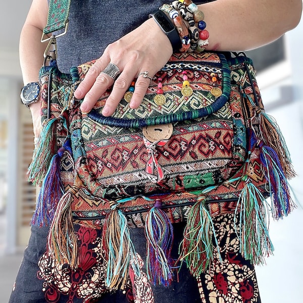 Heybe Tassel Saddlebag Long Crossbody Bags From Antique Kelim, Wine Carry Bag, Christmas ...