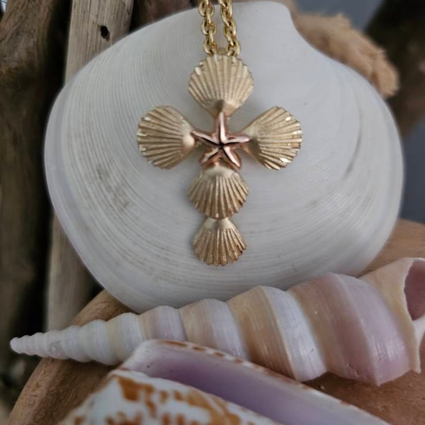 14k Solid Gold Two Tone Shell and Starfish Cross. Nautical Jewelry ...