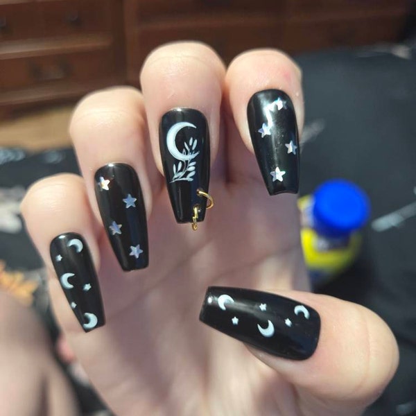 Black Star Moon Press on Nails: Long Stiletto Accent Hoop Nail - Etsy