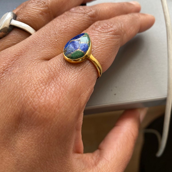 Azurite Ring, 10x14mm Pear Shape Azurite Gemstone Silver Ring-18k Gold ...