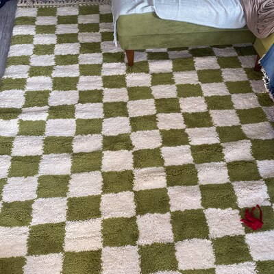 Checkered Green Rug Wool Hand Woven Genuine Moroccan Beni Ourain Carpet ...