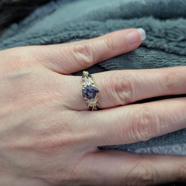 Gothic Amethyst Engagement Ring Unique Solid 14k Black Gold Leaf Ring ...