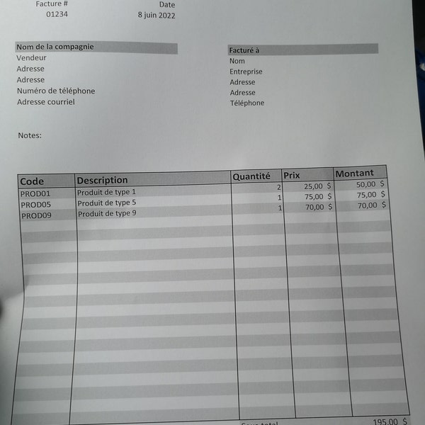 Excel Invoice Model in French - Etsy