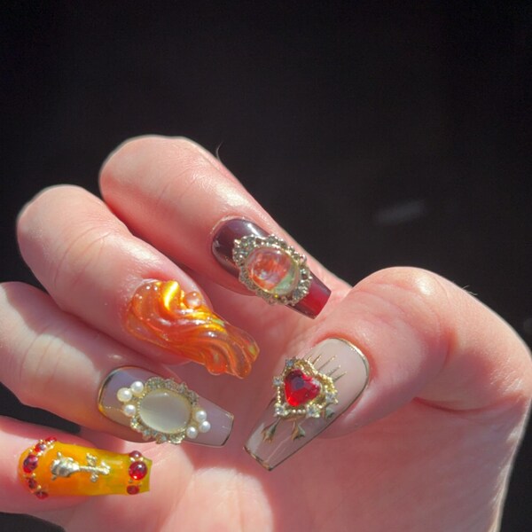 Renaissance Inspried 3D Press on Nails, Royal Theme Fake Nails Art ...