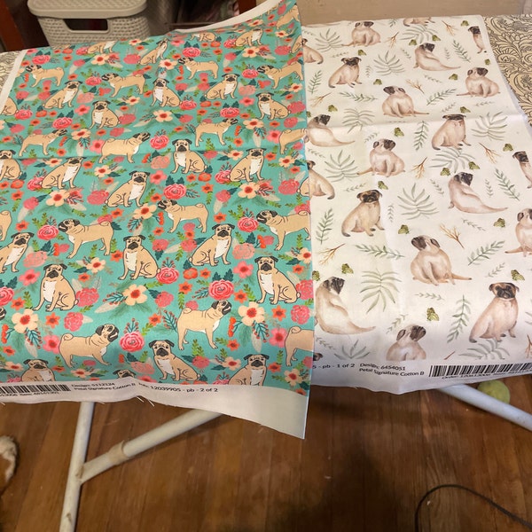 Pug Fabric - Pug Pet Dog Pugs Flowers Florals on Mint Fabric by ...