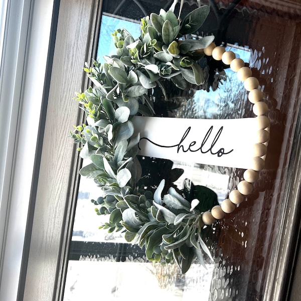 Hello Front Door Wreath, Neutral Modern Wood Bead Wreath, Hoop Wreath ...