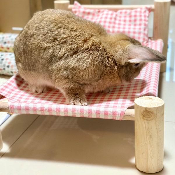 Rabbit Bunny Pet Bed, Wooden Bed With Pillow and Bedsheet Set, Multi ...