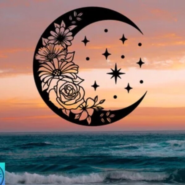 Floral Moon Decal, Flowers, Stars, Crescent Moon, Car Decal, Vinyl ...
