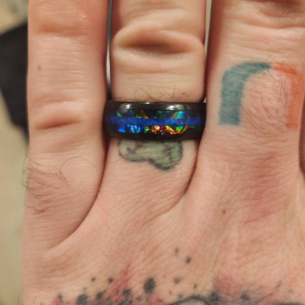 Azure Blue Fire Opal Tungsten Wedding Band, Man Nebula Ring, Blue Space ...