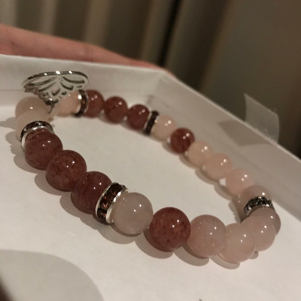 STRAWBERRY & ROSE QUARTZ Crystal Bracelet - Lotus Flower, Round Beads ...
