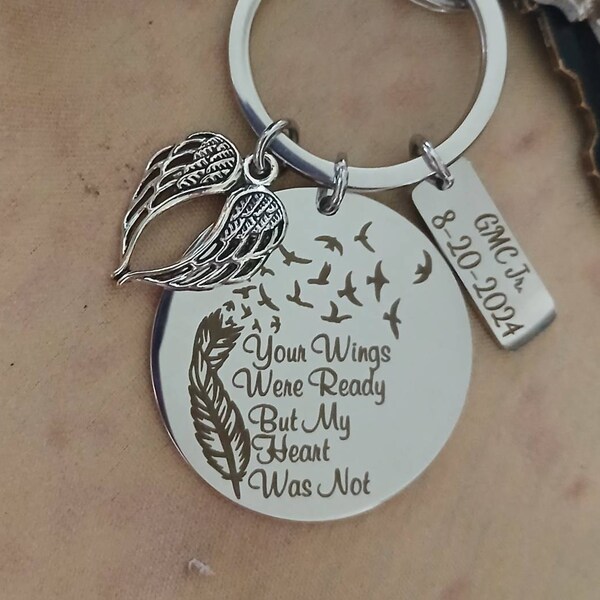 Personalized Memorial Keychain: Stainless Steel Angel Wings Charm - Etsy