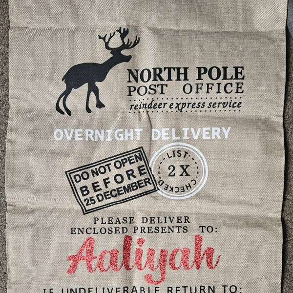 Luxury Personalised Christmas Santa Sack, Custom Jute North Pole Post ...