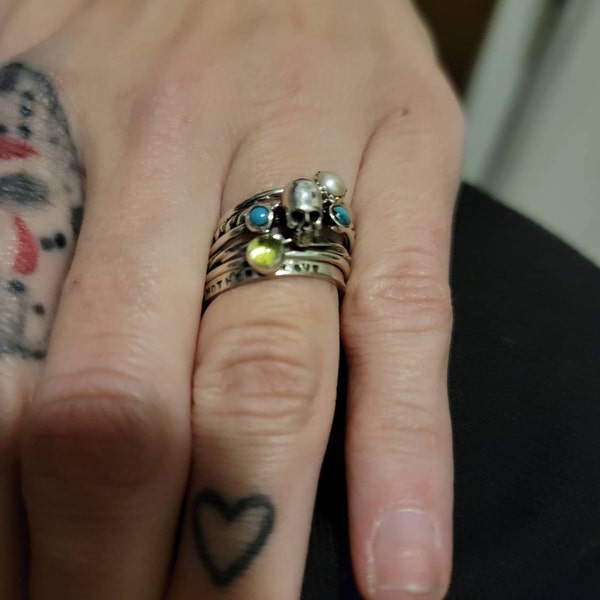 Dainty Skull Stacking Ring With Gemstones. Sterling Silver Gothic ...