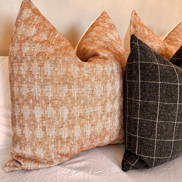Cozy Charcoal Gray Woven Plaid Pillow Cover, 18 20 22 24 Dark Gray Tan ...