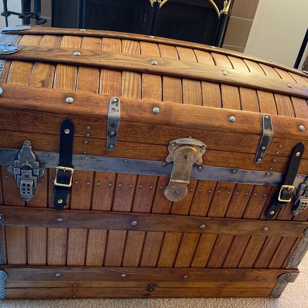 Antique Refinished Oak Slat Trunk, Vintage Storage, Farmhouse Style, Ca ...