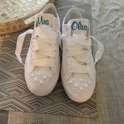 Pearl Toe Wedding Sneaker, Ribbon Laces, Bling, Bride Shoes, Wedding ...