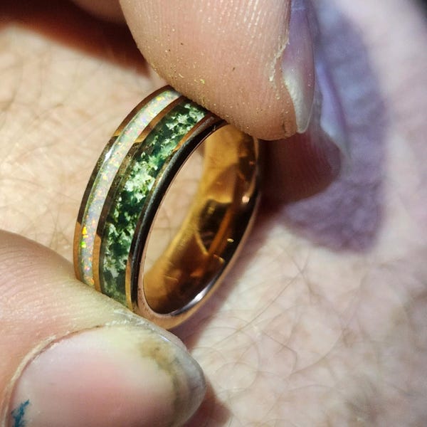 Green Moss Agate & Opal Couples Ring Set- His and Hers Matching Wedding ...