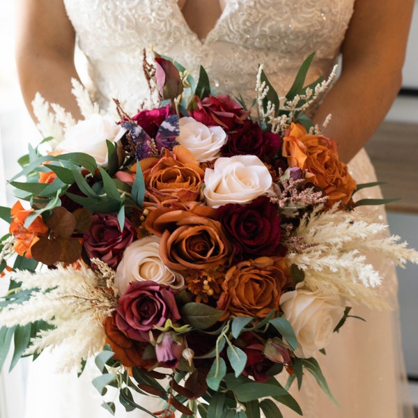 Burgundy and Rust Wedding Flower Bouquet, Burnt Orange Sage Green ...