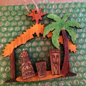 Tiki Christmas Tree Ornament Santa Claus Moai Sandwich Isles Barkcloth ...